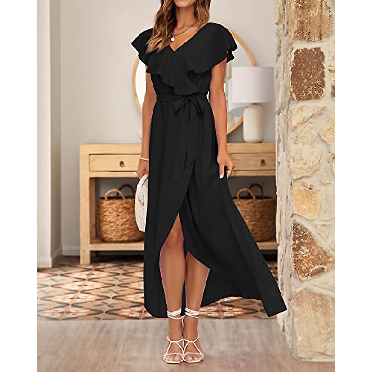 BTFBM Women's Summer Chiffon Maxi Dresses Deep V Neck Ruffle Short Sleeve Beach Party Cocktail Flowy Wrap Dress with Belt(Solid Black, Medium)