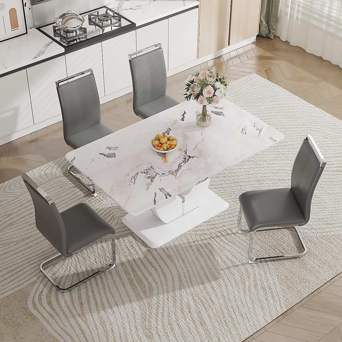Pvillez 63" Marble Dining Table Set for 4, Modern Dining Room Kitchen Table with 1.57" Faux Marble Top & 4 PU Leather Upholstered Gray Dining Chairs, 5 Piece Dining Table Set for Dining Kitchen