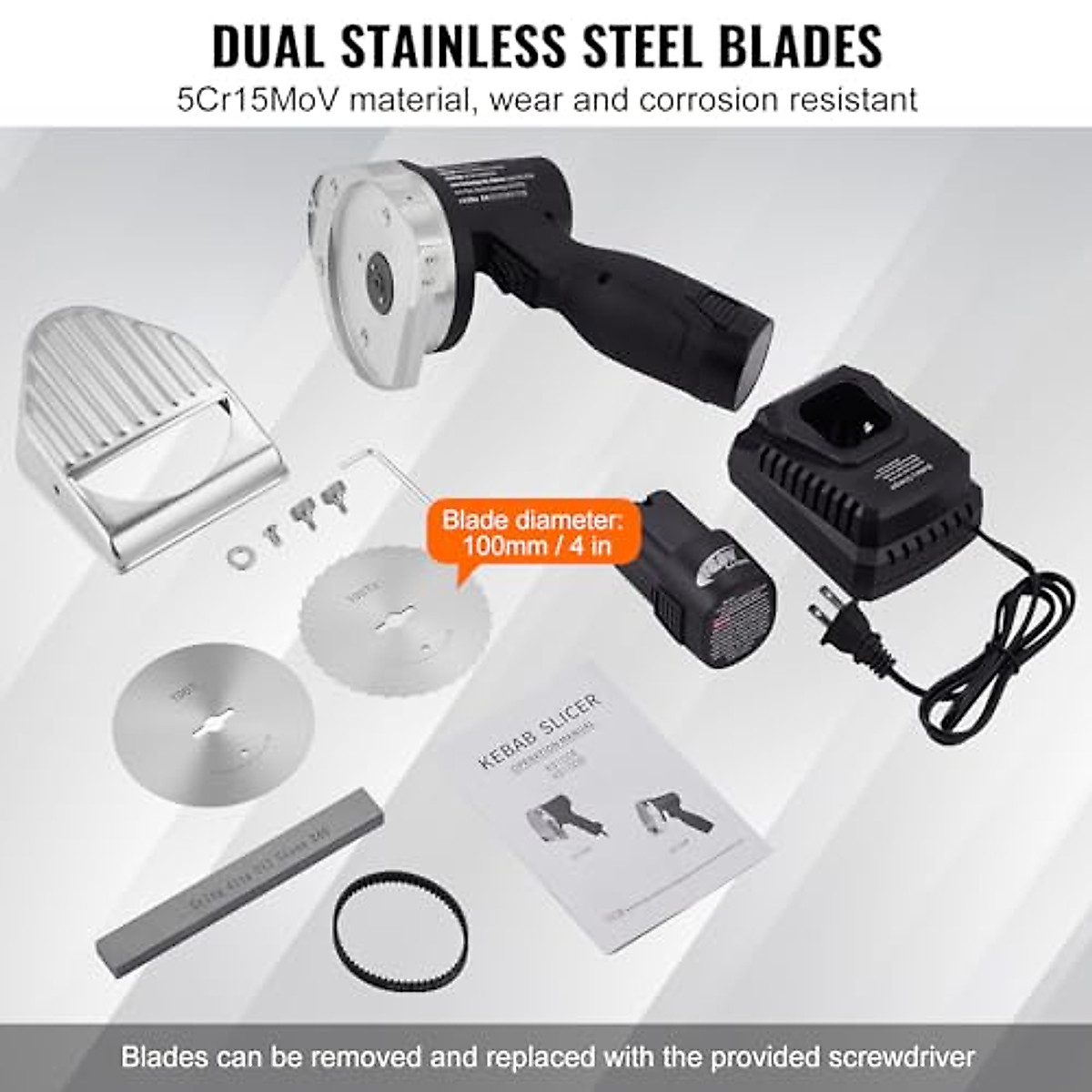 VEVOR Electric Shawarma Knife, 80W Cordless Battery Professional Turkish Knife, Commercial Stainless Steel Gyro Cutter, Doner Kebab Meat Slicer with 2 Blades, Φ4/100mm, 0-8mm Adjustable Thickness