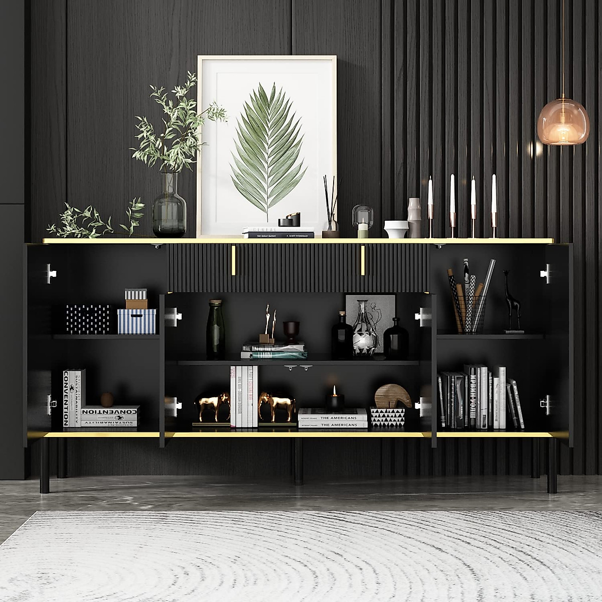AIEGLE Modern 63" Long Buffet Sideboard Console Table, Kitchen Storage Cabinet with Drawer & 4 Doors, Buffet Server Bar Decorative Cupboard for Dining Living Room Entryway, Black & Golden