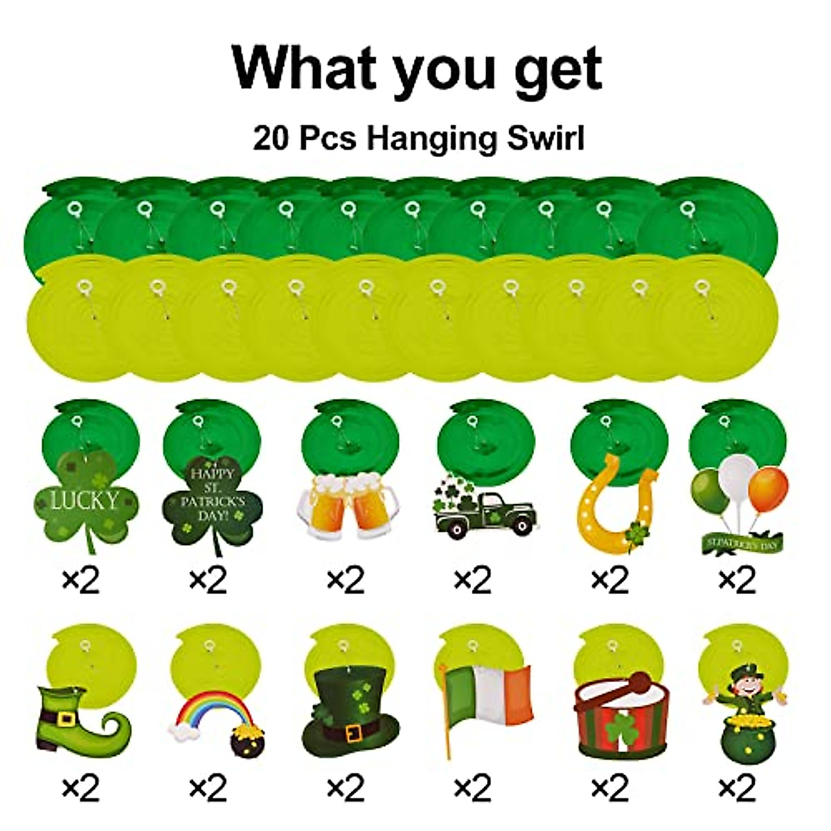 44 Pcs of St. Patrick's Day Hanging Decorations Swirls Shamrock Clover Leprechaun Horseshoe Ceiling Foil Swirls for Home Office Classroom Decor - Saint Patrick's Day Irish Party Supplies