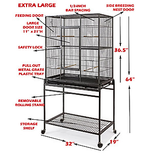 64" Extra Large Wrought Iron Side Nesting Box Doors for Flight Breeding Canary Parakeet Cockatiel Lovebird Finch Bird Flight Home Cage with Removable Rolling Stand