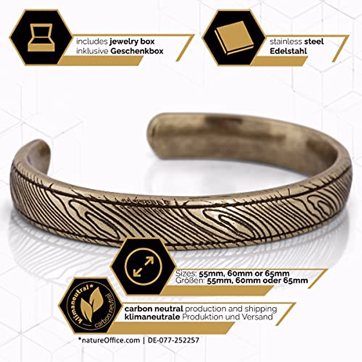 Akitsune Orbis Bangle | Damascus Antique Arm Jewelry Women Mens Stainless Steel Bracelet Rustic - Brass 65mm