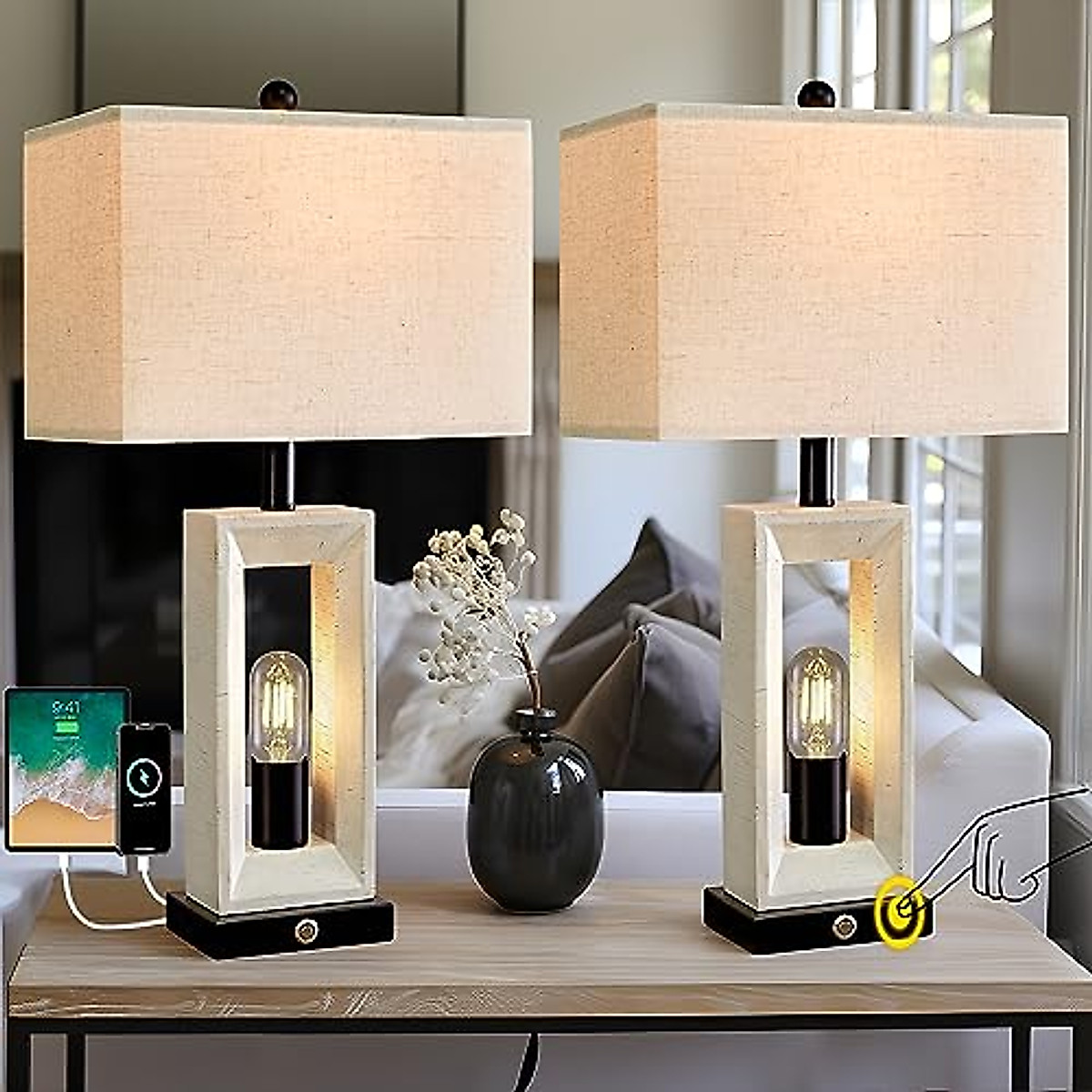 G-SAFAVA 25" Farmhouse White Table Lamp USB C+A Ports with 3 Way Dimmable Touch Control Nightstand Lamp Vintage Modern Lamps for Living Room Bedroom Hotel(4 Bulbs Included)