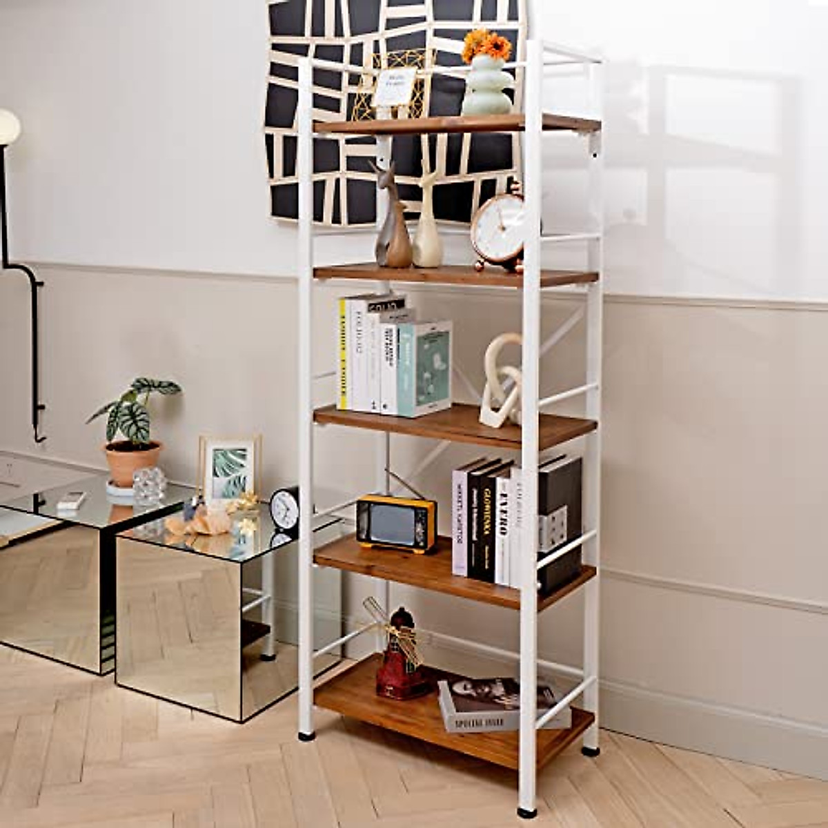 Crofy 5 Tier White Bookshelf, Real Wood Bookshelf Simply Assembled in 10 Minutes, Metal Book Shelf for Storage, Bookcase for Office Organization and Storage, 12.6 D x 23.62 W x 64.17 H Inches