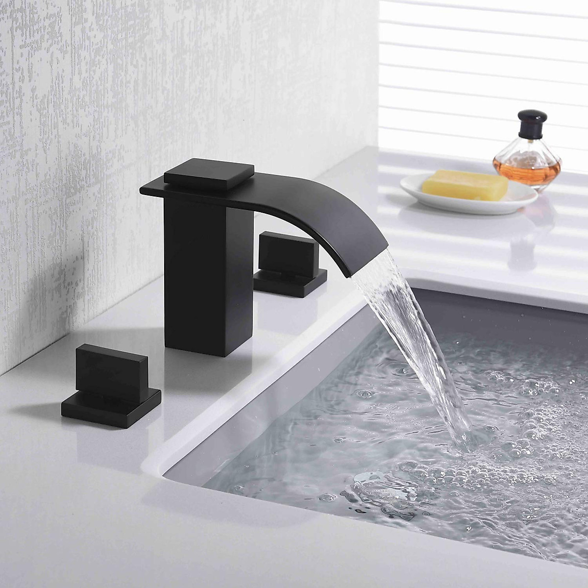 sumerain Widespread Waterfall Matte Black Bathroom Faucet 3 Hole 2 Handle 8 Inch Vanity Sink Faucet