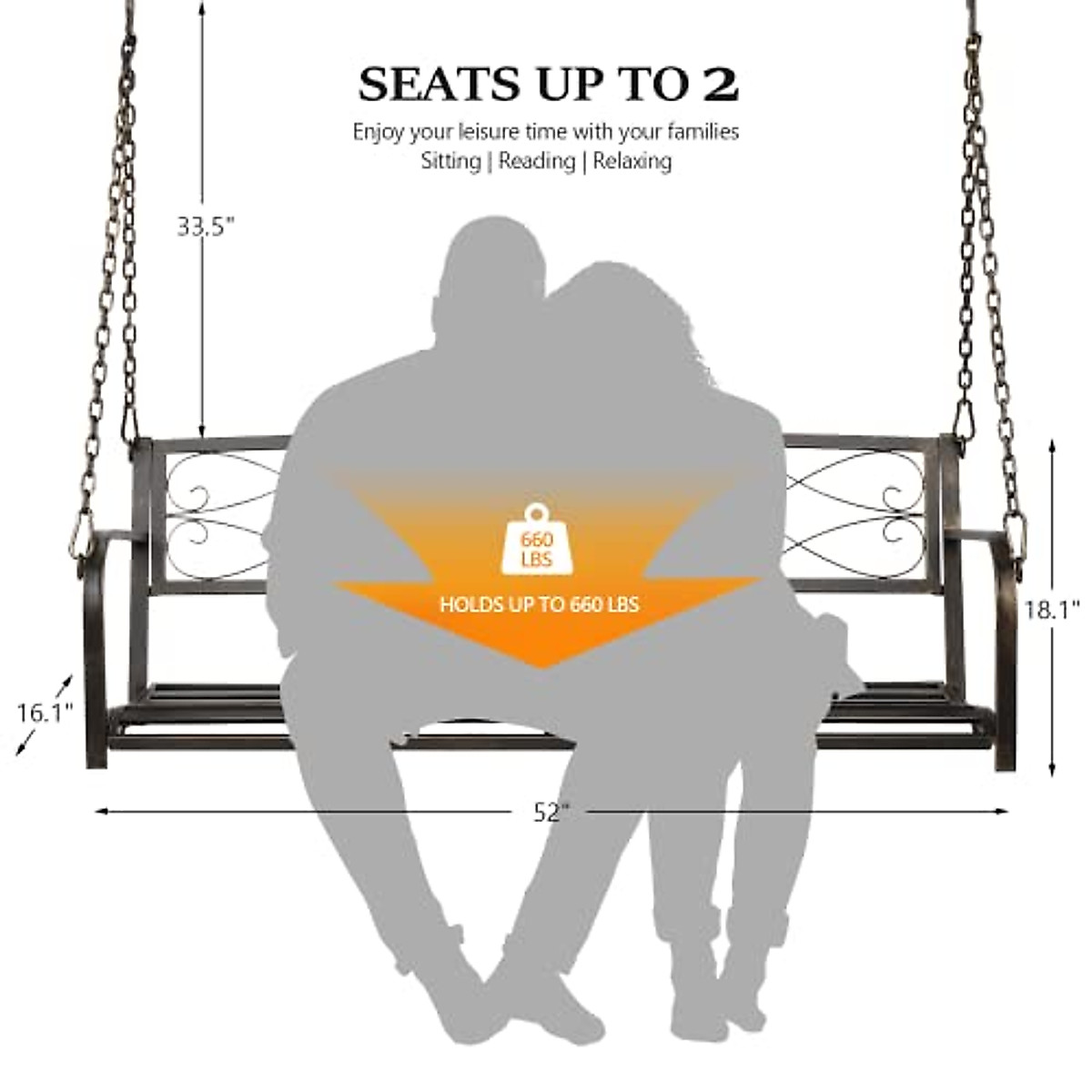 VINGLI Upgraded Metal Patio Porch Swing, 660 LBS Weight Capacity Steel Porch Swing Chair for Outdoors, Heavy Duty Swing Chair, Bench Swing for Gardens & Yards (Antique Bronze)