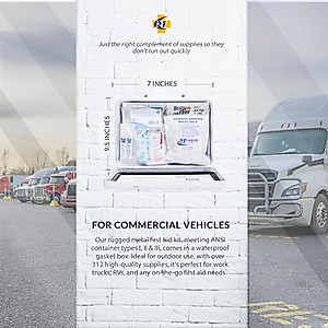 MFASCO Vehicle First Aid Kit - Compact Metal Kit - Portable & Mountable - Safety Kit for Commercial Vehicles & Workplace - DOT ANSI OSHA Compliant - Includes 112 Pcs Work Essential First Aid Supplies