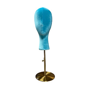 Female Display Velvet Head Dress Form with Adjustable Golden Round Base,Fully Pinnable Head Can Wear Earring! Head for Hat Wig Jewelry Display,Clothing Fabric Head Model, Sky Blue 33cm