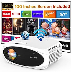 1080P Native WiFi Projector Bluetooth- XOPPOX HD Outdoor Movie Projector with 9000:1 Contrast for Home Cinema, Portable Video Projector Compatible PC/Laptop/Pad/ PS4/ Phones [Come with 100” Screen]