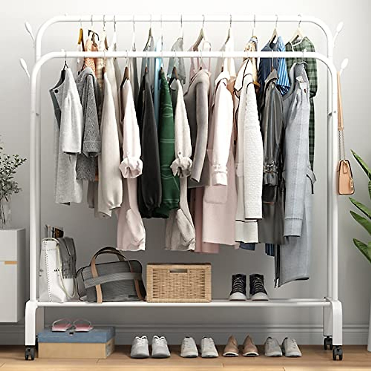 YYSM Double Rod Garment Rack with Shelves & Wheels, Metal Hang Dry Clothes Rack for Hanging Clothes, with Top Rod Organizer Shirt Towel Rack and Lower Storage Shelf for Boxes Shoes Boots