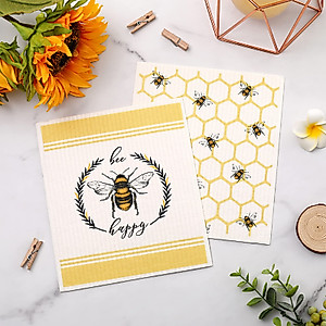 Whaline 4 Pack Bees Dishcloths Reusable Washable Bees Swedish Towels Cotton Absorbent Cleaning Cloth Seasonable Spring Summer Hand Towels Decoration for Kitchen Towel Home Clean Bathroom Office Gifts