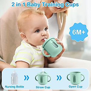 Palmatte Baby Toddler Cups with Straw: 200ml Perspective Silicone Training Cup with Lid Handle Marks for Infants 6 Months+, Open Sippy Cup Baby Led Weaning Supplies Baby Shower Gifts (Sage Green)
