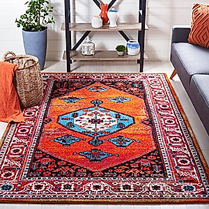 SAFAVIEH Vintage Hamadan Collection Area Rug - 9' x 12', Red & Blue, Traditional Oriental Medallion Design, Non-Shedding & Easy Care, Ideal for High Traffic Areas in Living Room, Bedroom (VTH262Q)