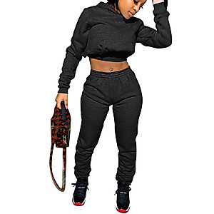 Women 2 Piece Outfits Sets, Long Sleeve Hoodie Crop Top Jogger Pants Sweatsuits Sport Set Black L