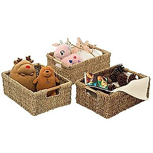 Large Wicker Basket Rectangular with Wooden Handles, Seagrass Basket Storage, Natural Baskets for Organizing, Wicker Baskets for Shelves 15.5 x 10.6 x 5.5 inches - 3 Pack