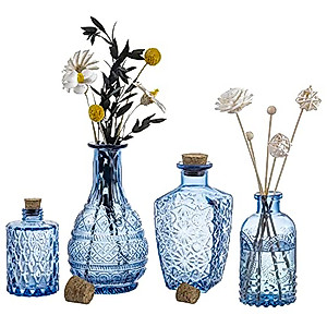 MyGift Small Blue Glass Reed Diffuser Bottles - Vintage Embossed Apothecary Style Flower Bud Vases with Cork Lids - Assorted Designs & Sizes, Set of 4