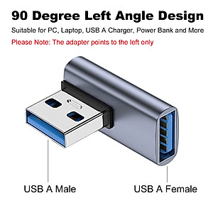 AreMe 90 Degree USB 3.1 Adapter 2 Pack, Left Angle USB A Male to Female Converter Extender for PC, Laptop, USB A Charger, Power Bank and More