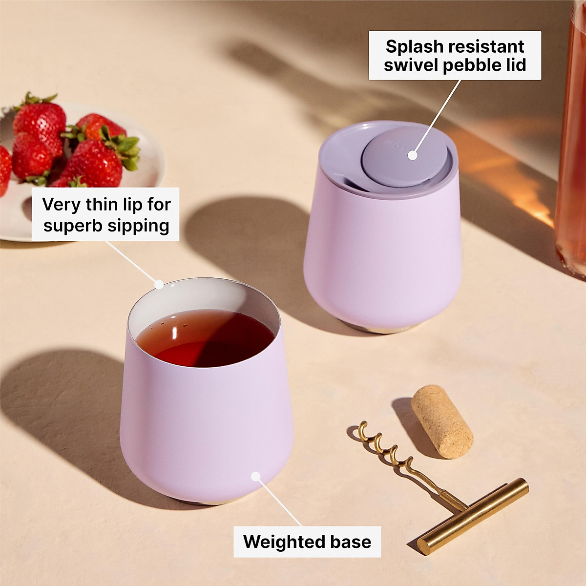 Fellow Ruby Wine Tumbler Set of 2 - ​​Insulated Stainless Steel Wine and Cocktail Tumblers with Ceramic Interior and Swivel Pebble Lid - 12 oz, Peri Twinkle