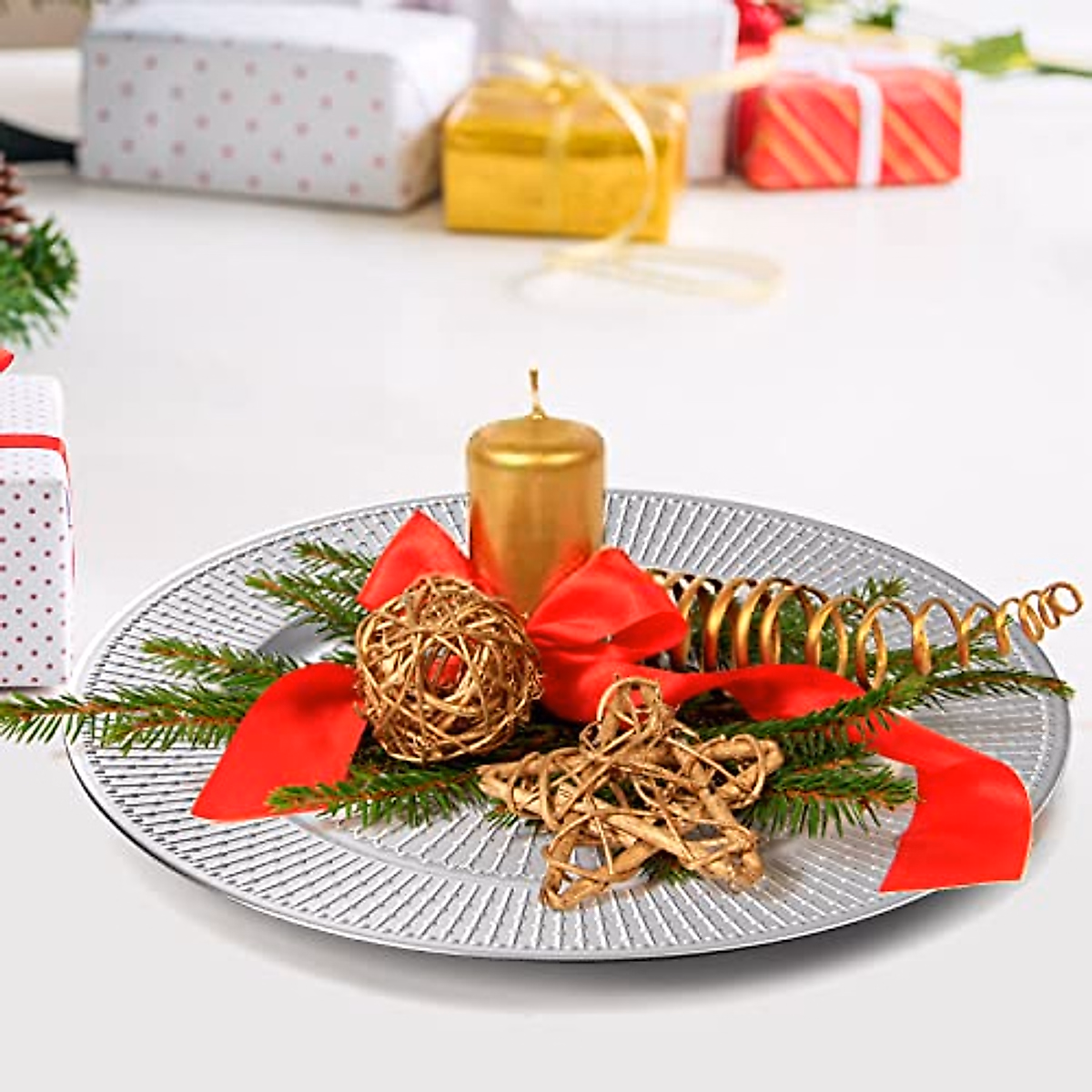 DEAYOU 12 Pack Round Charger Plate, 13-inch Silver Beaded Chargers for Dinner Plates, Plastic Reusable Charger Plate, Decorative Charger Platters for Wedding, Table Setting, Party, Event, Holiday