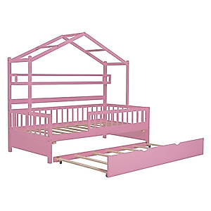 Harper & Bright Designs Wooden Twin Size House Bed with Trundle,Kids Bed with Shelf, White (Twin, Pink+Trundle1)