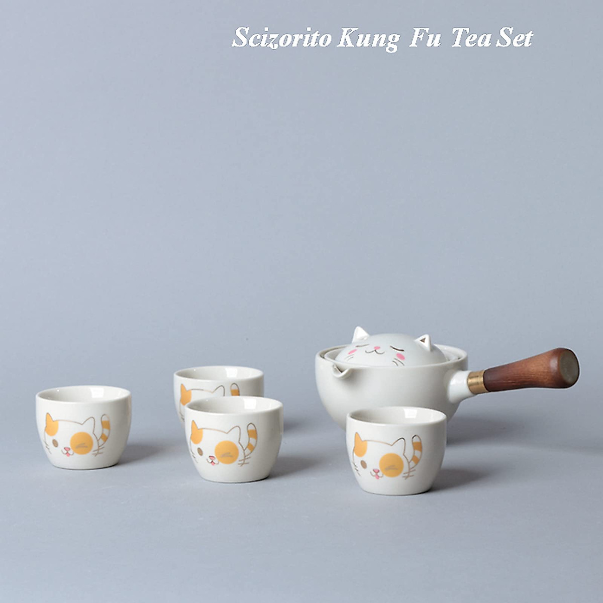 Scizorito Ceramic Portable Travel Tea Set, Chinese Kungfu Tea Set with 360 Rotation Teapot and Infuser, 4 Tea Cups, Tea Tray And Travel Bag (Lucky Cat)