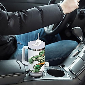 Jihqo Dinosaur Playing Basketball 40 oz Stainless Steel Vacuum Insulated Tumbler with Handle and Straw Lid Reusable Leakproof Water Bottle Double Wall Travel Mug Coffee Cup, Cupholder Friendly