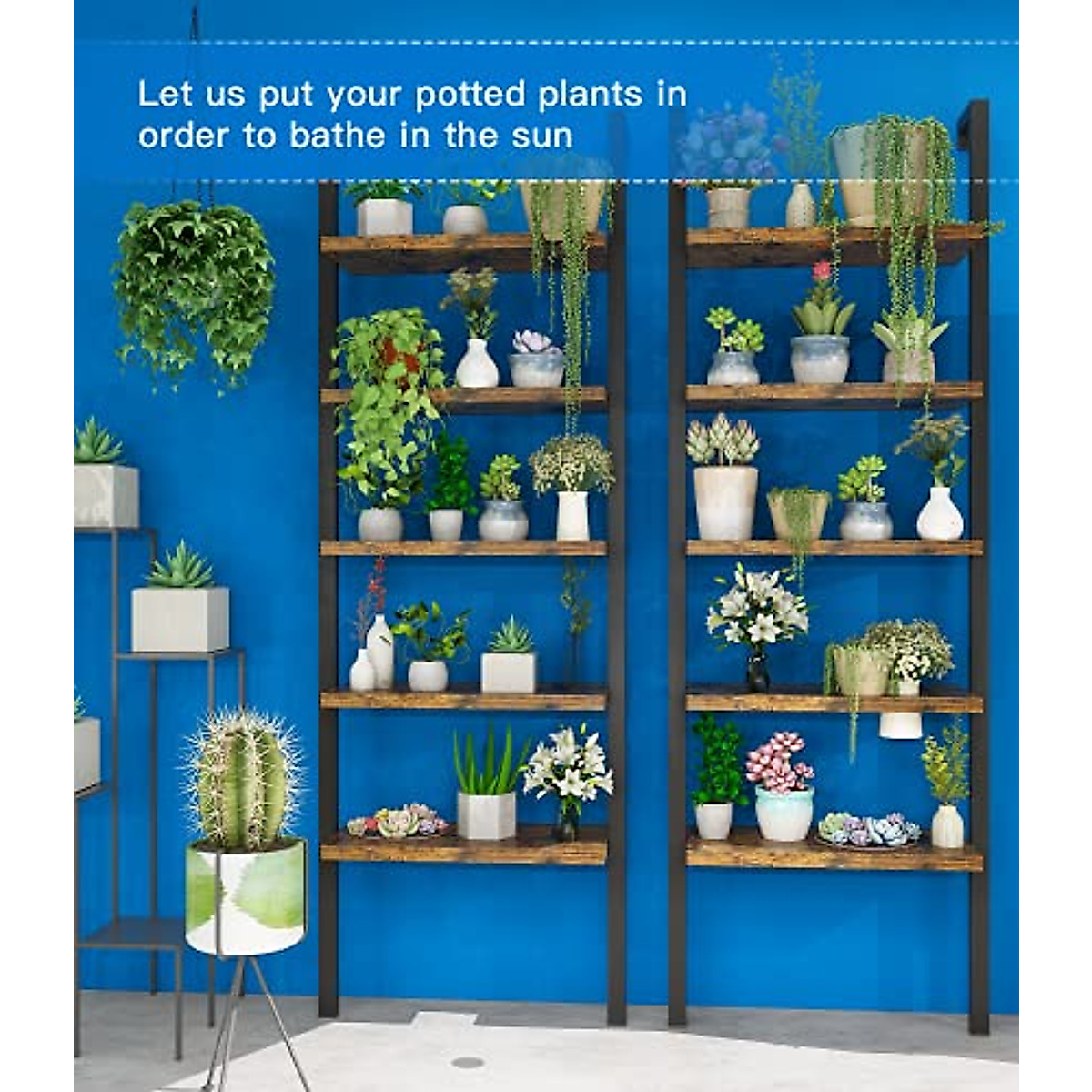 DKLGG 5-Tier Book Shelf Rack Against The Wall, Tall Ladder Shelf Wooden Bookcase Metal Frame Storage Plant and Flower, Single Standing Bookshelf Ladder ​for Living Room, Bedroom, Balcony, Home Office