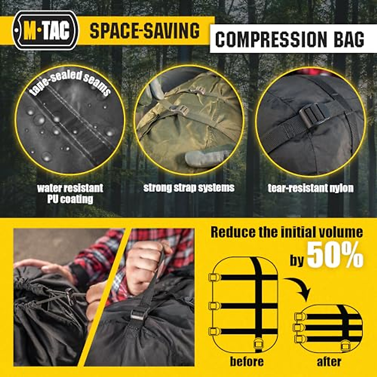 M-Tac Sleeping Bag Compression Stuff Sack Military Water Resistant Compression Bag Lightweight Nylon Compression Sack for Travel, Camping, Hiking, Outdoor (Olive, M - 12 liters)