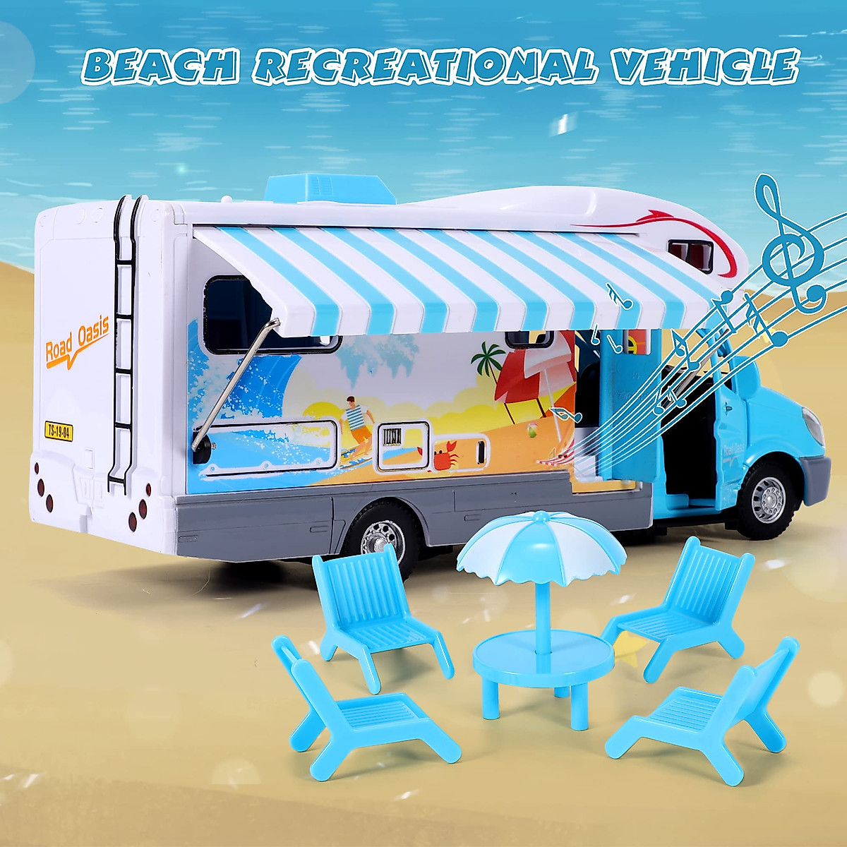 BUNICORN RV Camper Vehicle Playset Camping Toy Set Beach Recreational Vehicle Large Pull Back Car Pretending Toys Alloy Car Chair Table Toys
