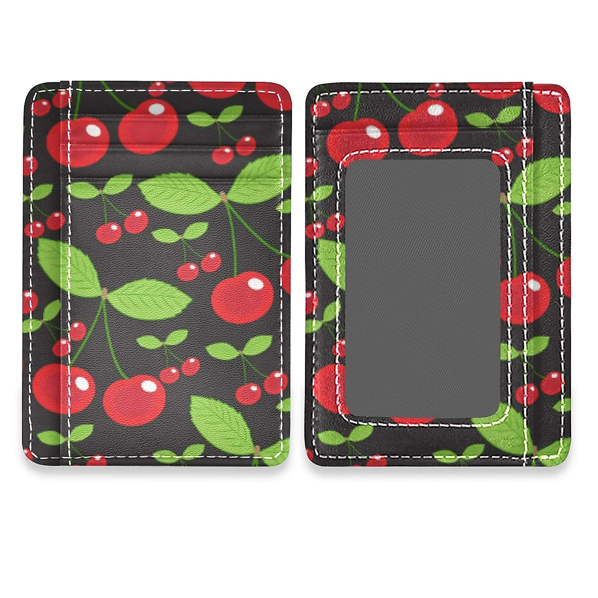 Linomo Thin leather Card Holder and Money Clip Red Cherry Pattern Wallet RFID Blocking for Men & Women