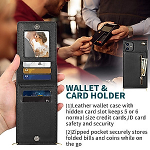 iPhone 11 case,Crossbody Wallet Case Leather with Card Holder,Kickstand,Magnetic Closure Flip Folio Zipper Purse,Adjustable Removable Strap,Square Corners Protective Back Cover for iPhone 11-Black