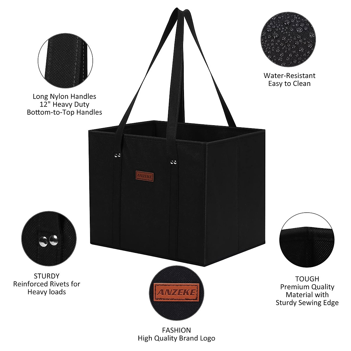 ANZEKE 4 Pack Reusable Grocery Bags Shopping Bag with Reinforced Bottom and Handles,Collapsible, Durable and Eco Friendly for Shopping,Groceries, Storage, Picnic, Beach, Pool, Laundry (Black)