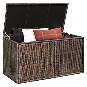 RELAX4LIFE PE Wicker Storage Box - Outdoor 88 Gallon 2-Tier Deck Box for Patio Furniture Toys Storage w/ Lid & Front Doors, All Weather Rattan Storage Bin for Backyard Garden Poolside Porch (Brown)