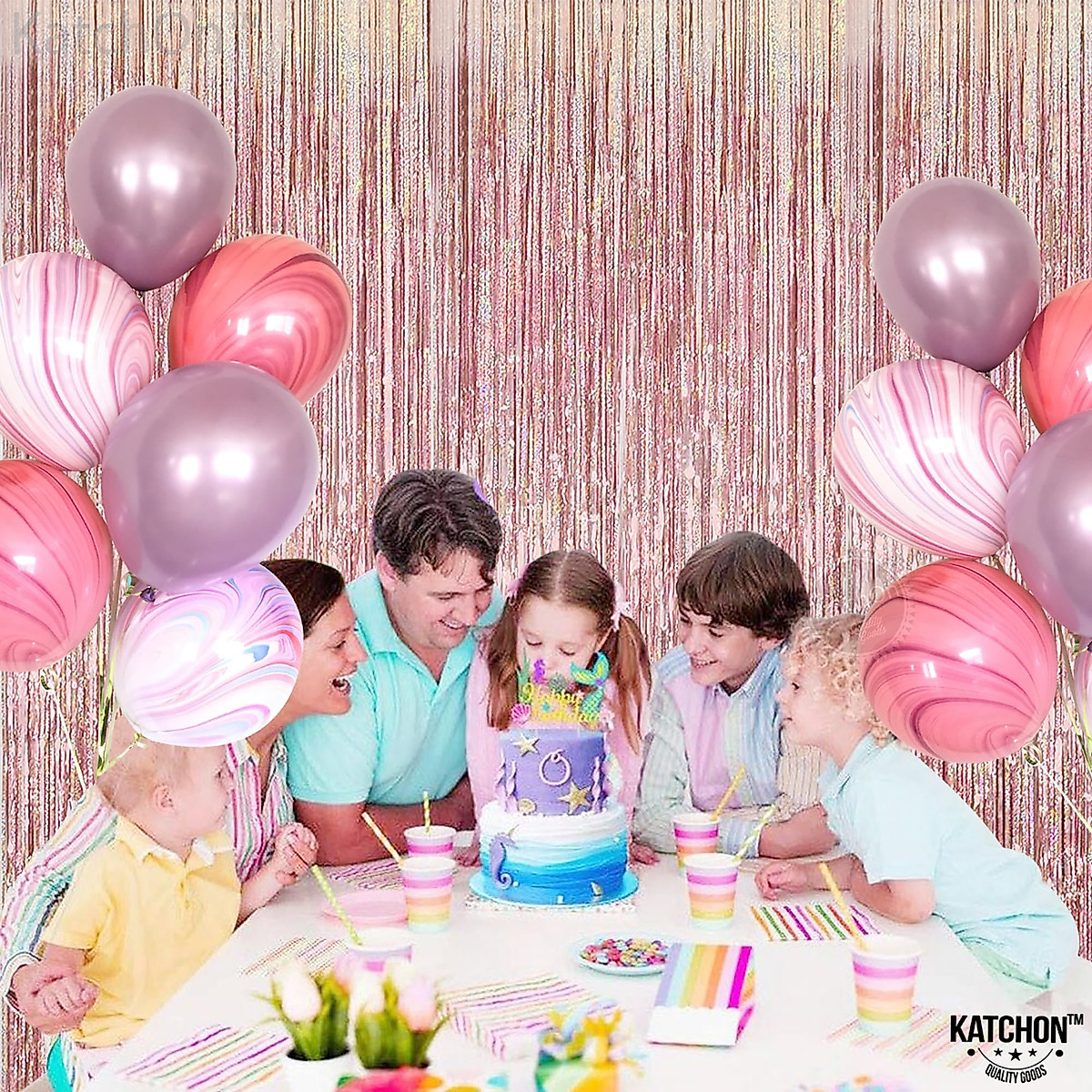 KatchOn, Iridescent Rose Gold Fringe Curtain - 3.2x8 Feet, Pack of 2 | Rose Gold Backdrop Curtain for Rose Gold Birthday Decorations | Irridescent Rose Gold Streamers | Bachelorette Party Decorations