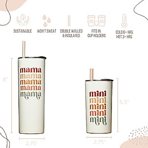 Lucky Love Mama + Mini Stainless Steel Cups for Kids and Adults - 3D Printed Leopard Insulated Tumblers with Lids and Straws Making This Mom Mug and Toddler Straw Cup Spill Proof (White Retro)