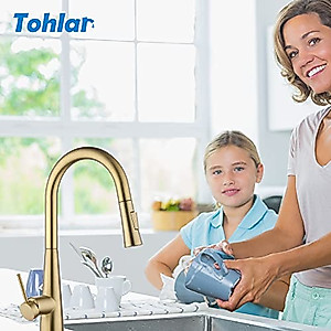 Tohlar Gold Kitchen Faucet, Kitchen Faucets with Pull Down Sprayer, Stainless Steel Single Handle Kitchen Faucet Fit for 1 or 3 Holes Kitchen Sink Faucet Gold Faucet for Kitchen Brushed Gold
