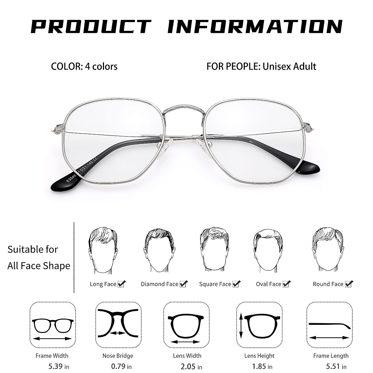 Pro Acme Hexagonal Non-Prescription Glasses Frame for Women Men Designer Square Round Metal Clear Lens Eyeglasses (Silver)