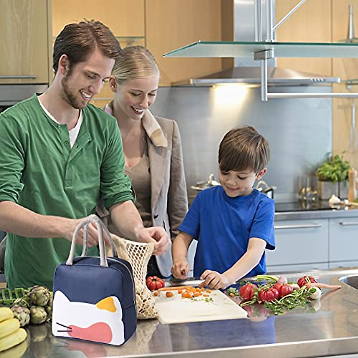 Mziart Cute Lunch Bags for Women, Cartoon Thermal Lunch Tote Bag Lunch Box Containers Cooler for Adult Boys Girls School Picnic Travel (Navy Blue Cat)