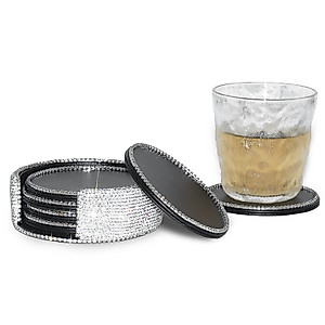 Coasters for Drinks Coffee Tea Cup Pads Table Mat with Coaster Holder for Home,Office,Kitchen,Bar,Bling Crystal Luxury Handmade Diamond (Set of 6) (R White)