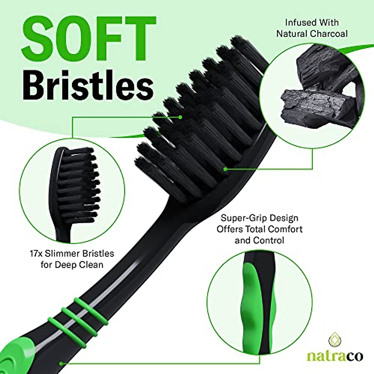 natraco Charcoal Bulk Toothbrushes Individually Wrapped - Deep Clean Charcoal Infused Soft Bristle – Multi Colored Tooth Brush with Covers - for Travel, Kids, Family, Dental Care Etc. 100 Count