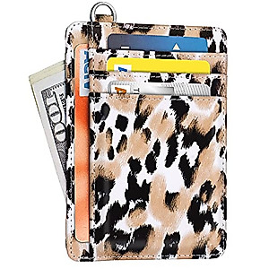 Slim Front Pocket Wallet RFID ID Card Holder Cute Small Wallet with Keychian for Women,Leopard