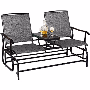 Giantex Patio Bench Glider Chair with Metal Frame, Center Tempered Glass Table, Outside Double Rocking Swing Loveseat for Porch, Garden, Poolside, Balcony, Lawn Rocker Outdoor Glider Bench(Gray)