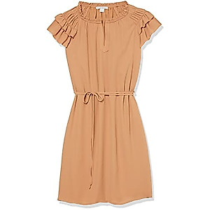 Amazon Essentials Women's Relaxed Fit Lightweight Georgette Split Neck Flutter Sleeve Shift Dress, Light Brown, Large