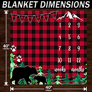 PHMOJEN Red Buffalo Plaid Milestone Blanket for Baby Boy, Rustic Hunter Theme Woodland Bear Age Blanket for Nursery, Lumberjack Baby Shower Backdrop, 1-12 Months, Includes Marks 40"x40" BTLSPH254
