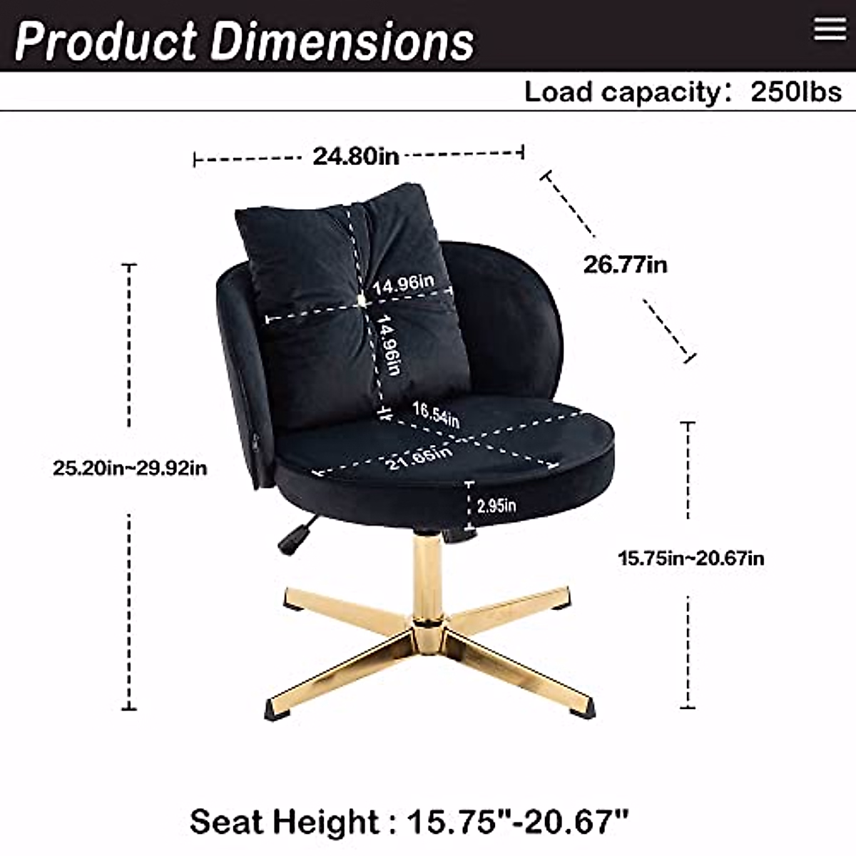 Mcltopz Velvet Office Chair Armless Desk Chair No Wheels, Modern Swivel Cute Vanity Chair with Gold Cross Legs, Ergonomic Mid Back Adjustable Wide Seat Computer Task Chair for Makeup Vanity Home Black