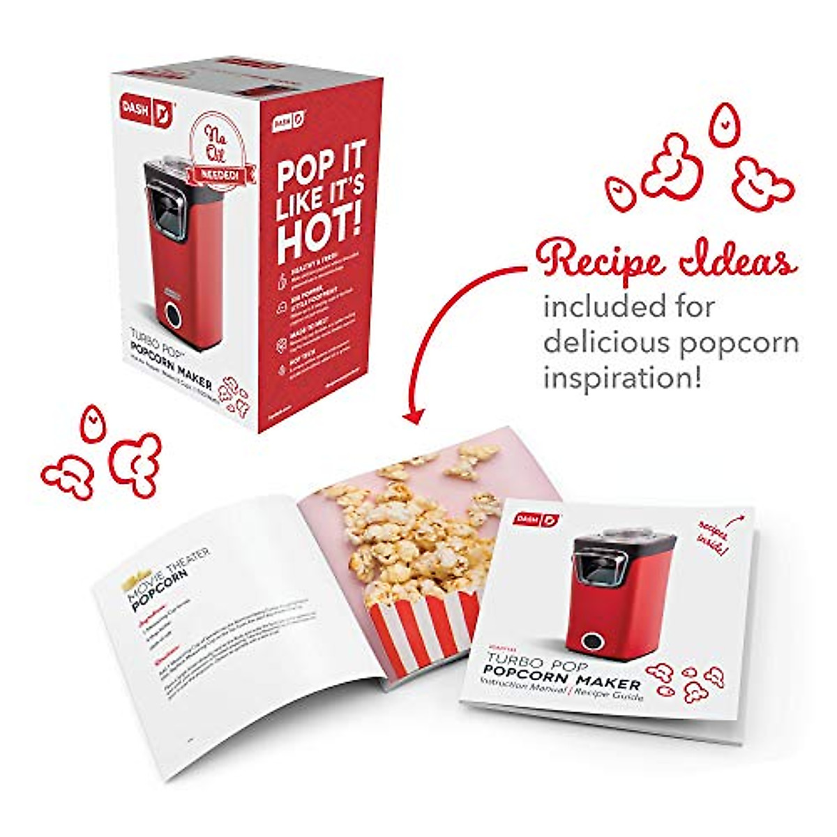 DASH Turbo POP Popcorn Maker with Measuring Cup to Portion Popping Corn Kernels + Melt Butter, 8 Cup Popcorn Machine - Red