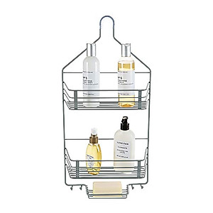 Bath Bliss 2 Tier Linear Hanging Shower Caddy | Bathroom Storage & Organization | Shower Head Hang | Holds Large Bottles | Soap Dish | Accessory Hooks | Grey