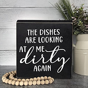 Ywkuiev The Dishes are Looking at Me Dirty Again Funny Rustic Family Home Black Wooden Box Sign Plaque for Kitchen Restaurant (6 X 6 Inch)