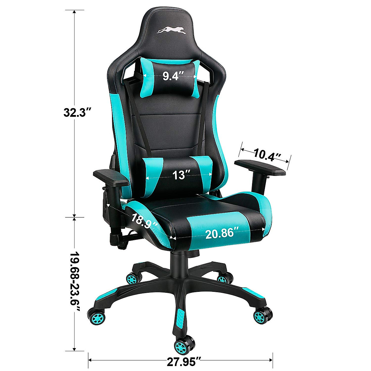 Leopard Gaming Chair, High Back PU Leather Office Chair, Adjustable Video Gaming Chairs, Swivel Racing Chair with Adjustable Armrest (Black/Light Blue)